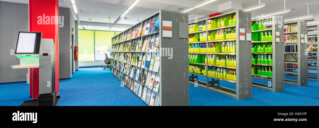 Banner view of modern design in library interior with functional shelf ...
