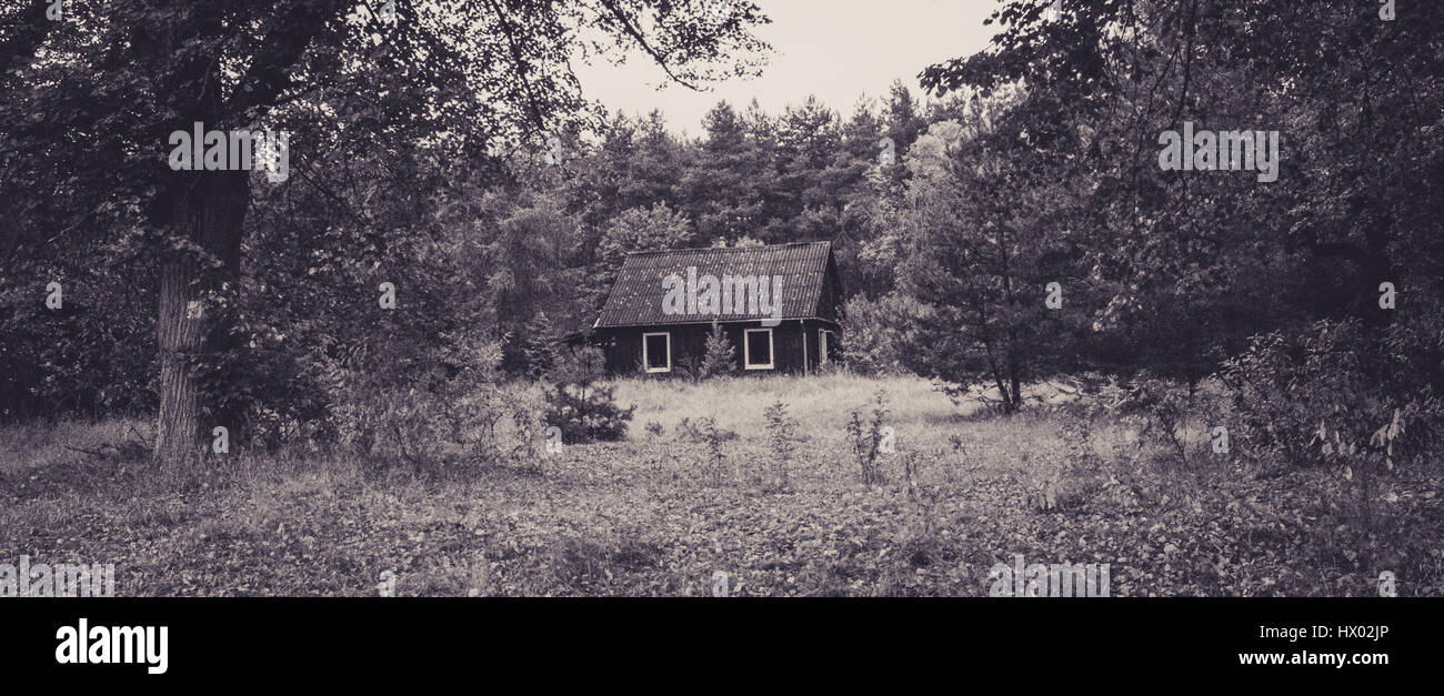 Lonely cottage in the forest. Black and white Stock Photo - Alamy