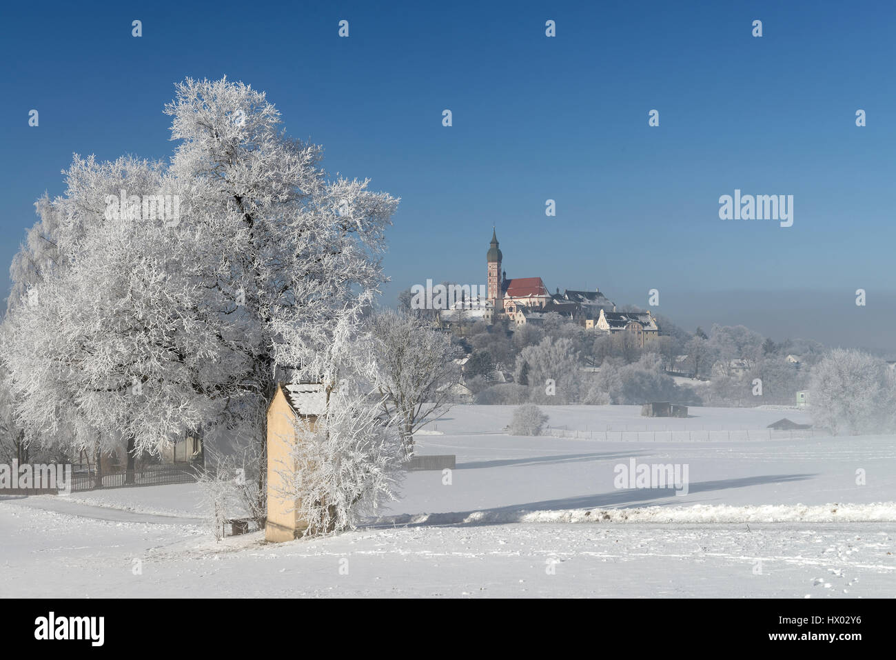 Germany, Bavaria, Pfaffenwinkel, frost at pilgrims' path to Andechs ...