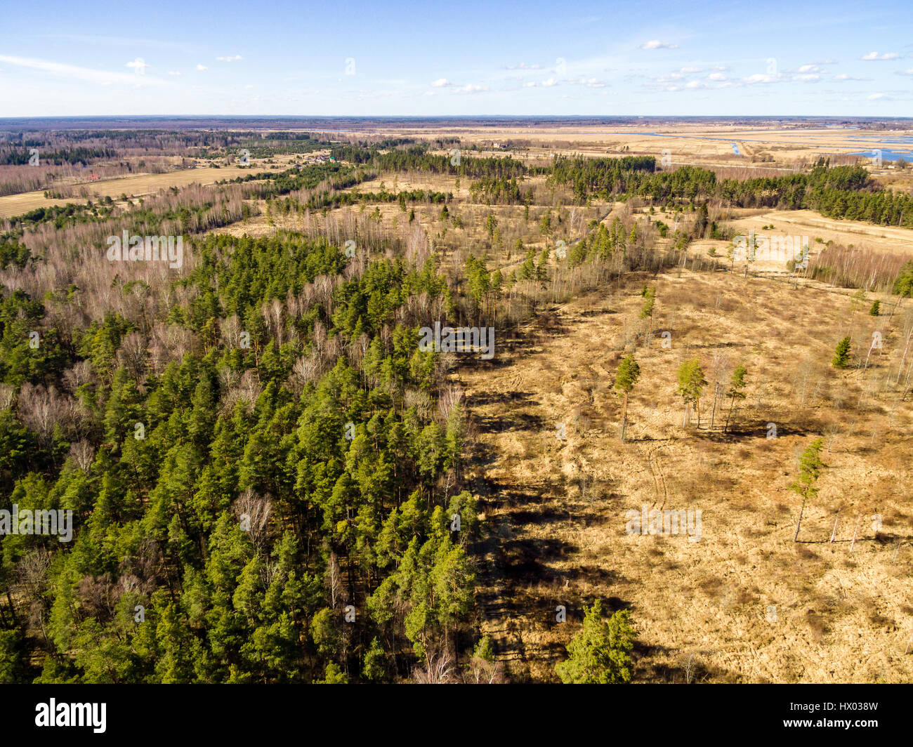 drone image. aerial view of rural area with fields and forests in ...