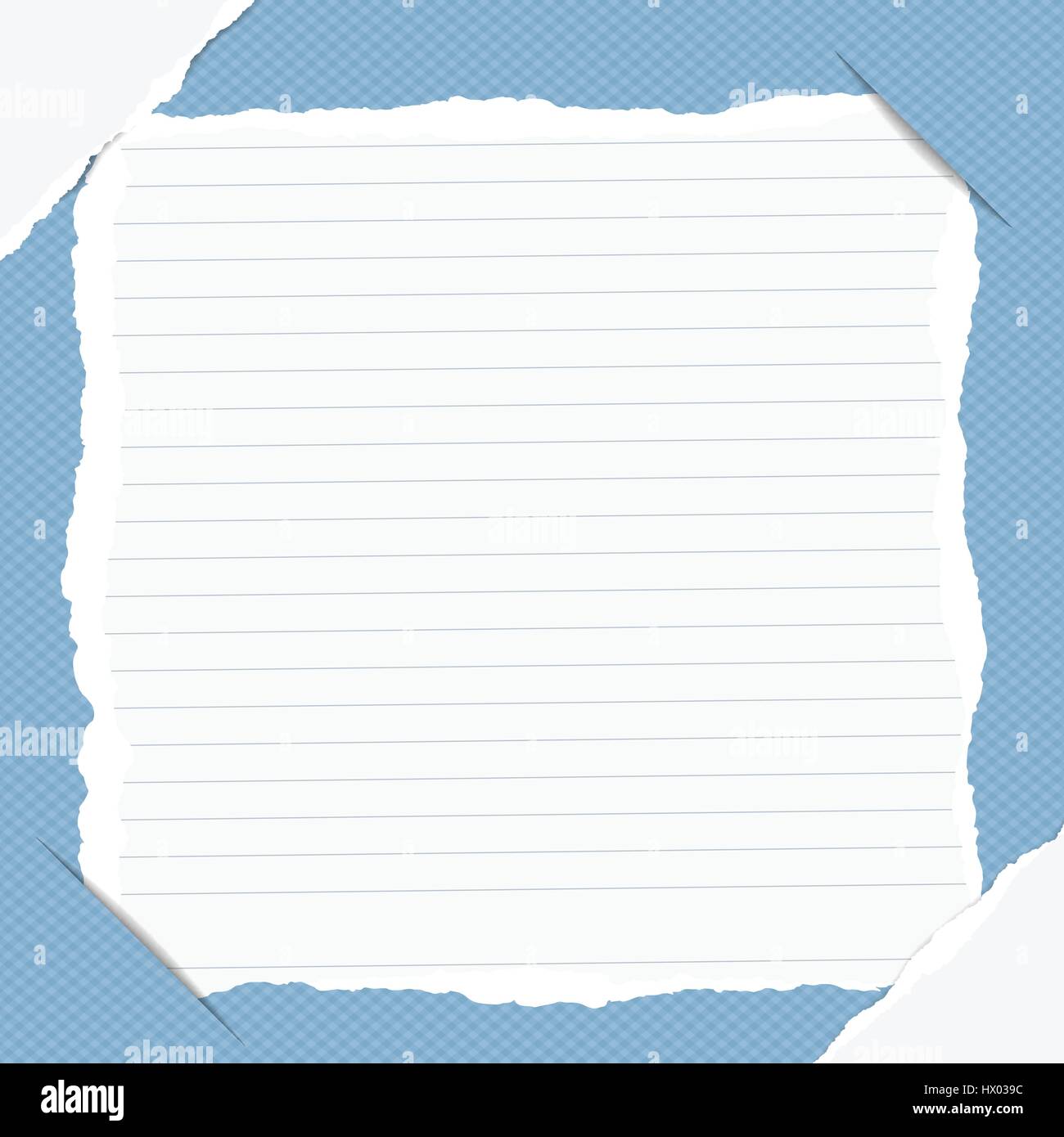 Torn ruled note, copybook, notebook sheet inserted into blue squared ...