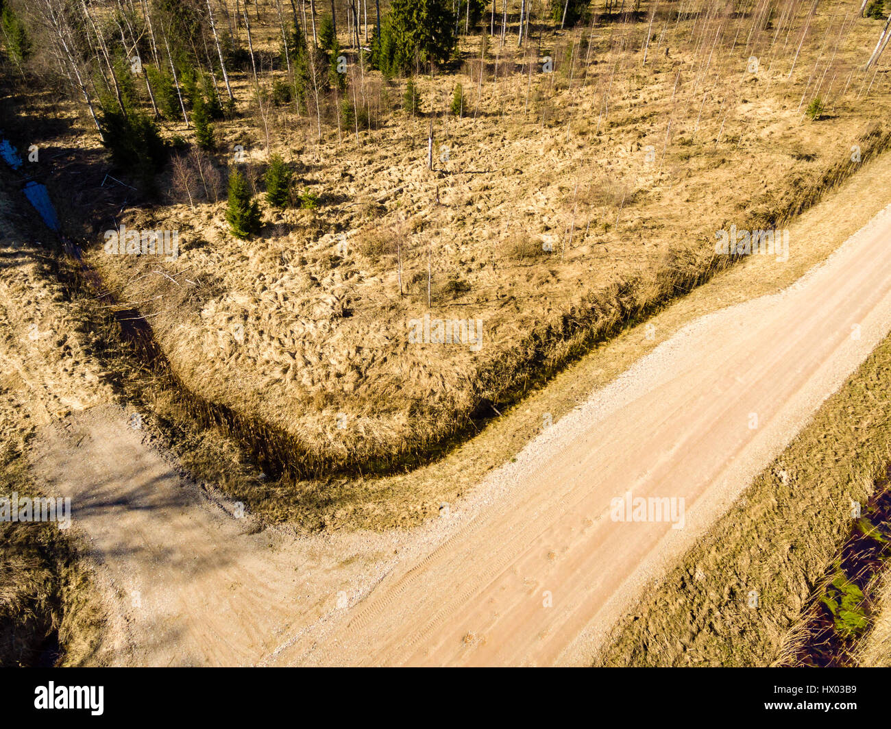 drone image. aerial view of rural area with forest crossroadss in ...
