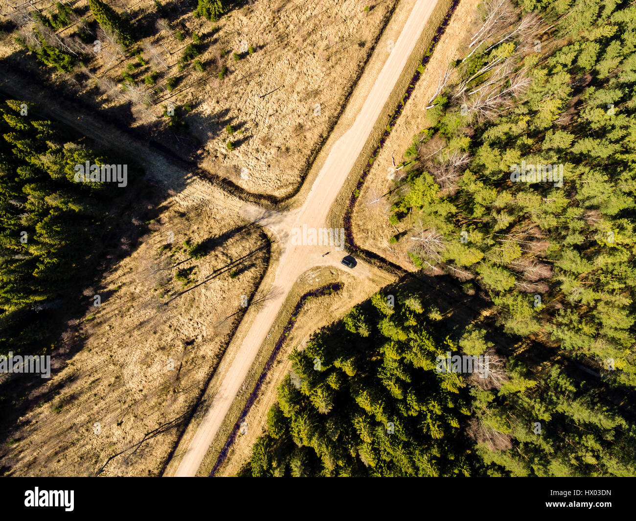 drone image. aerial view of rural area with forest crossroadss in ...