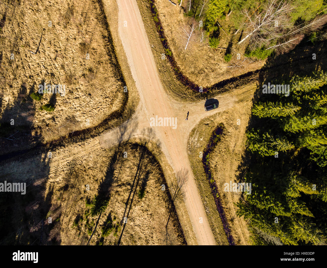 drone image. aerial view of rural area with forest crossroadss in ...