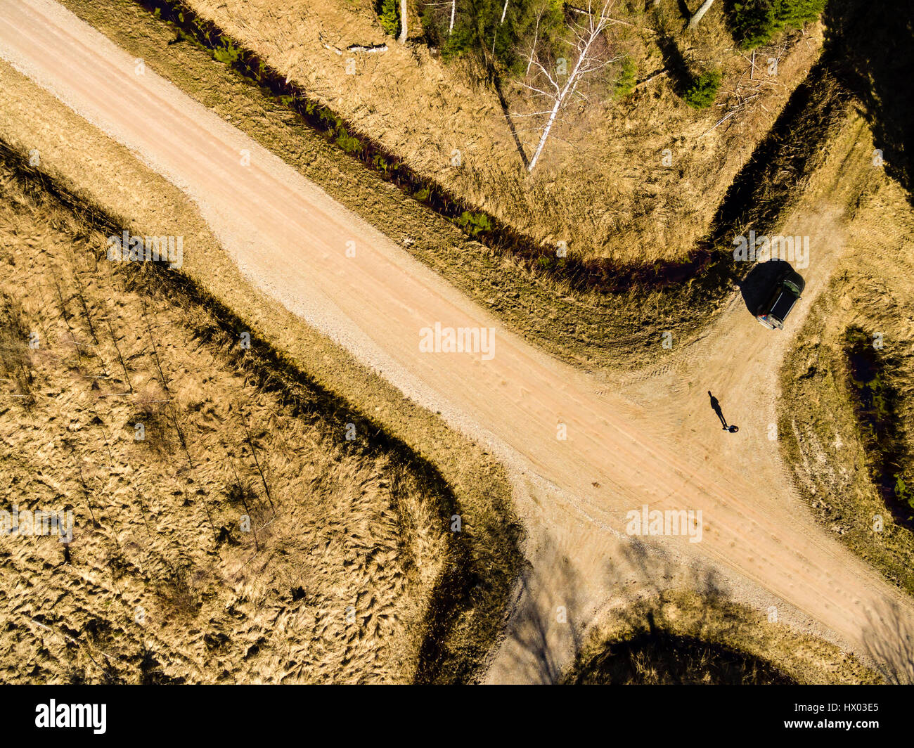 drone image. aerial view of rural area with forest crossroadss in ...