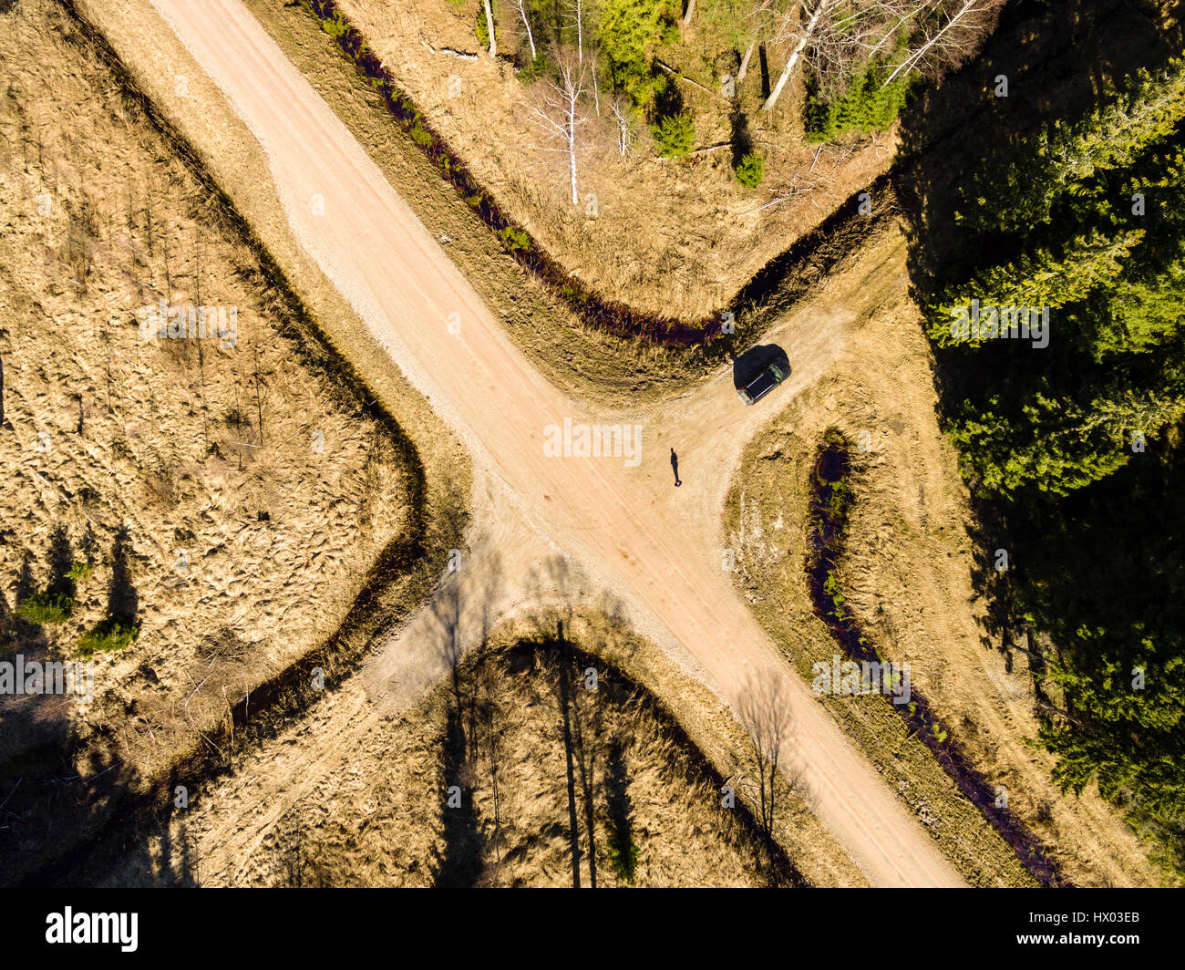 drone image. aerial view of rural area with forest crossroadss in ...