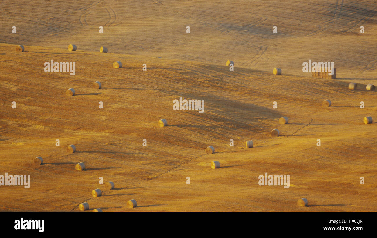 Aerial view of hay bales in tilled farm field in rural landscape Stock ...