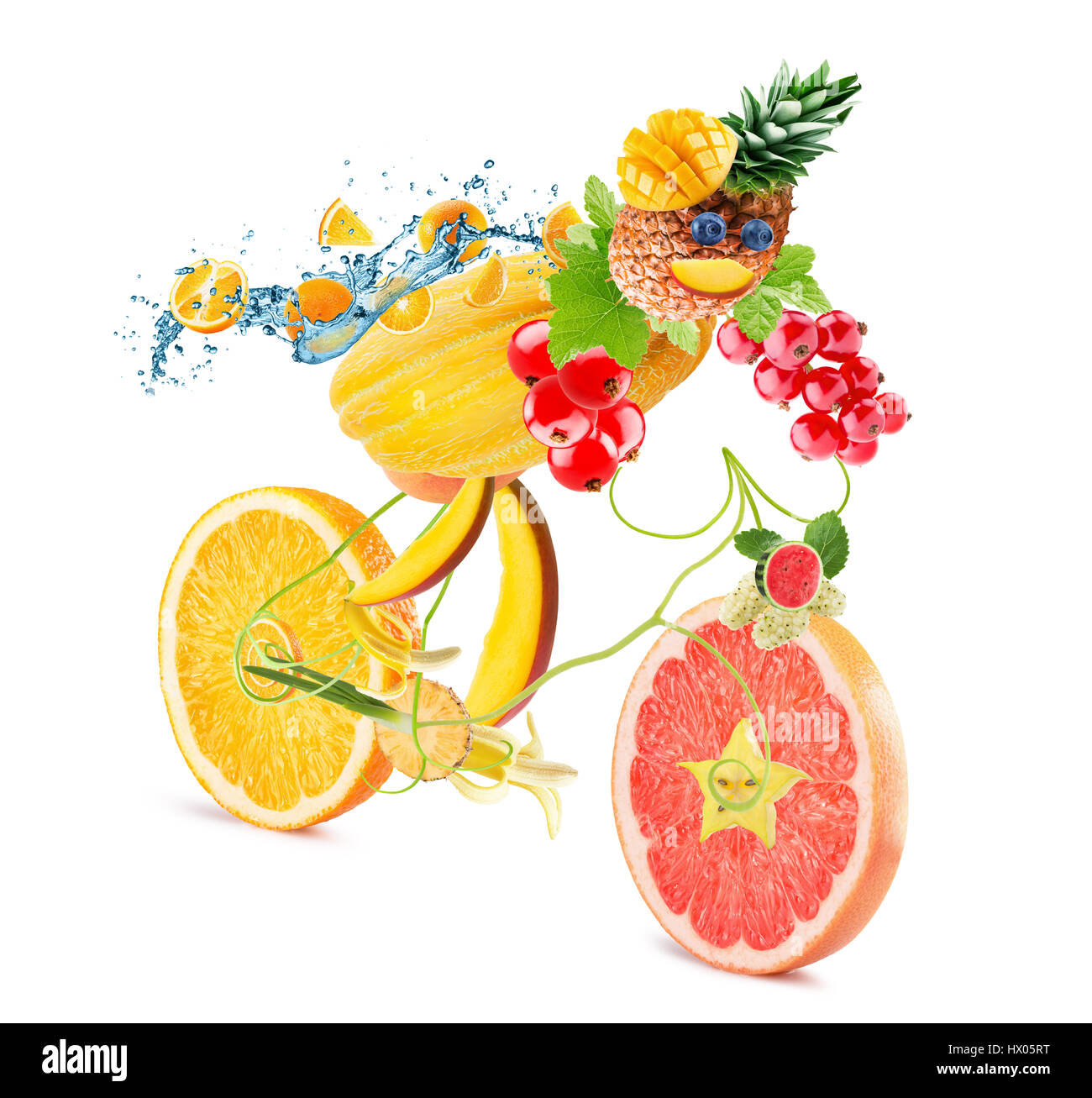 Food bicycle with cyclist with fruits on white background Stock Photo ...