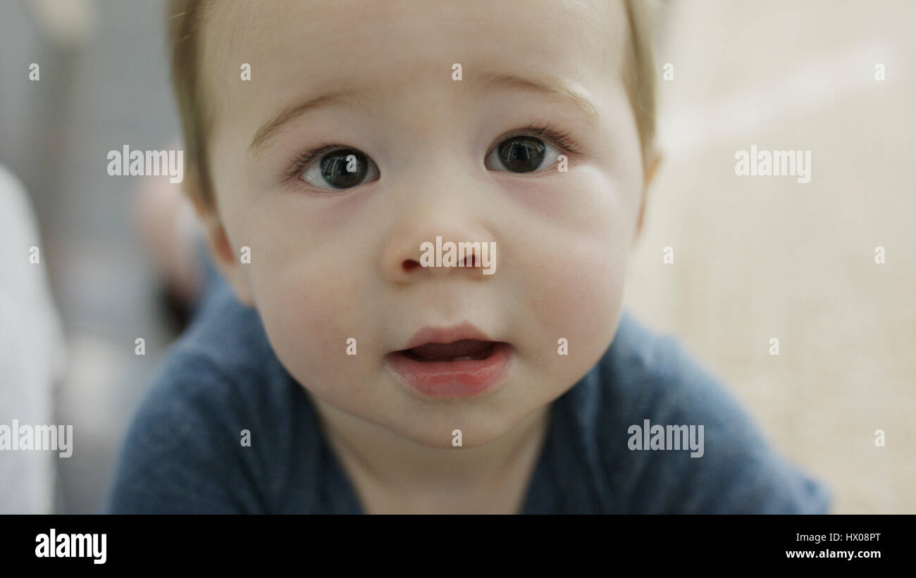 Close up portrait of adorable inquisitive baby boy looking up Stock ...
