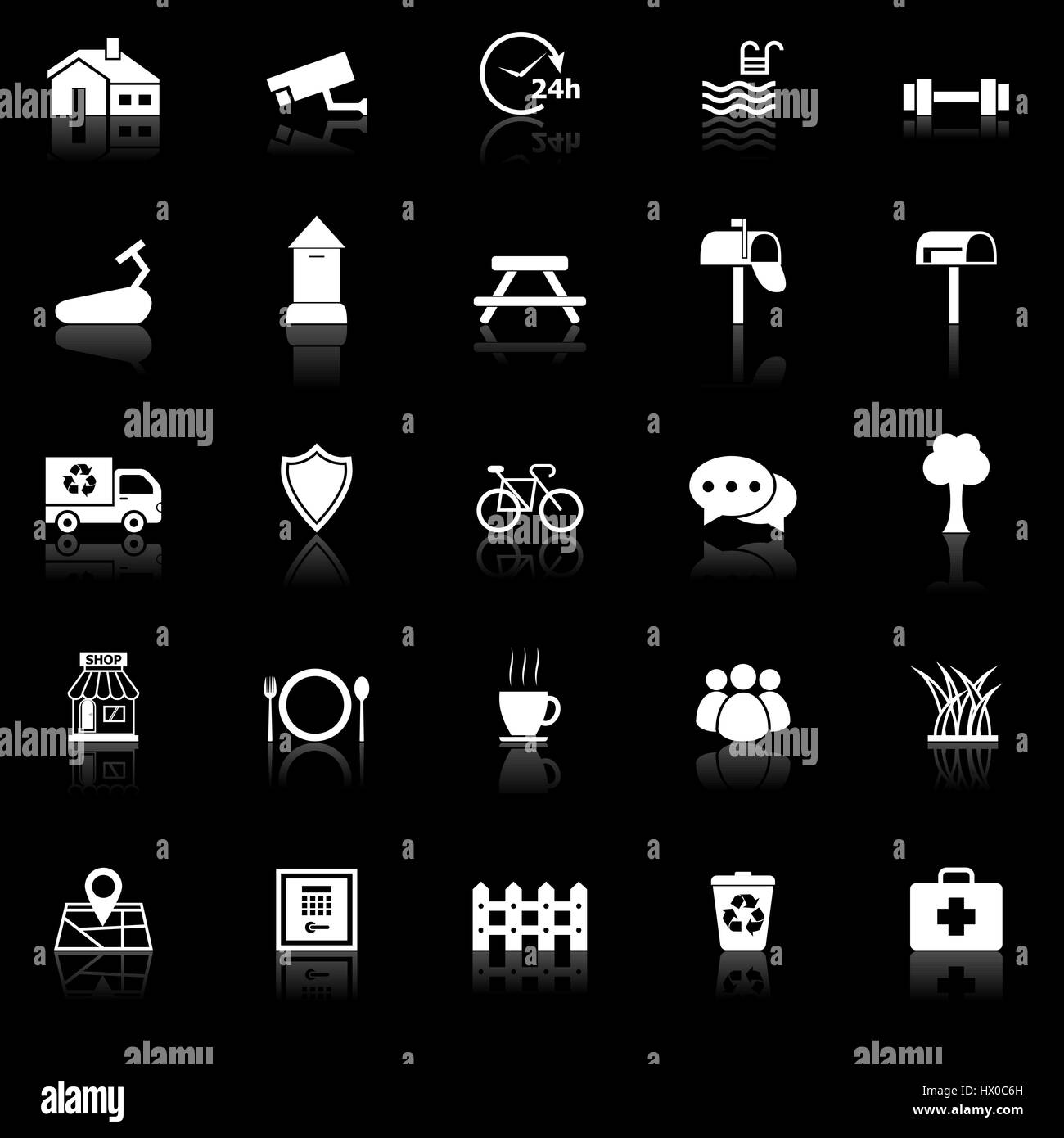 Village icons with reflect on black background, stock vector Stock ...