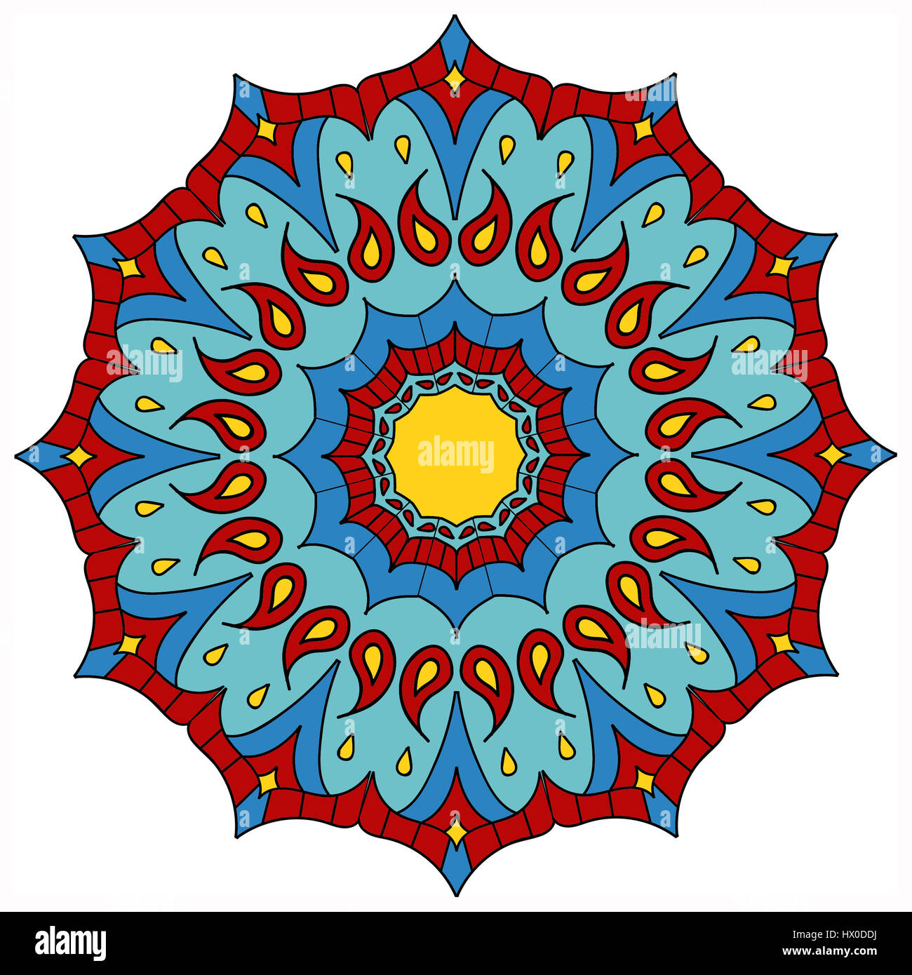 Mandala illustration in blue, red and yellow. colored line drawing ...