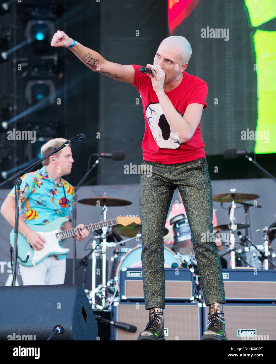 Tyler Glenn of Neon Trees perform at the the iHeartRadio Music Festival ...