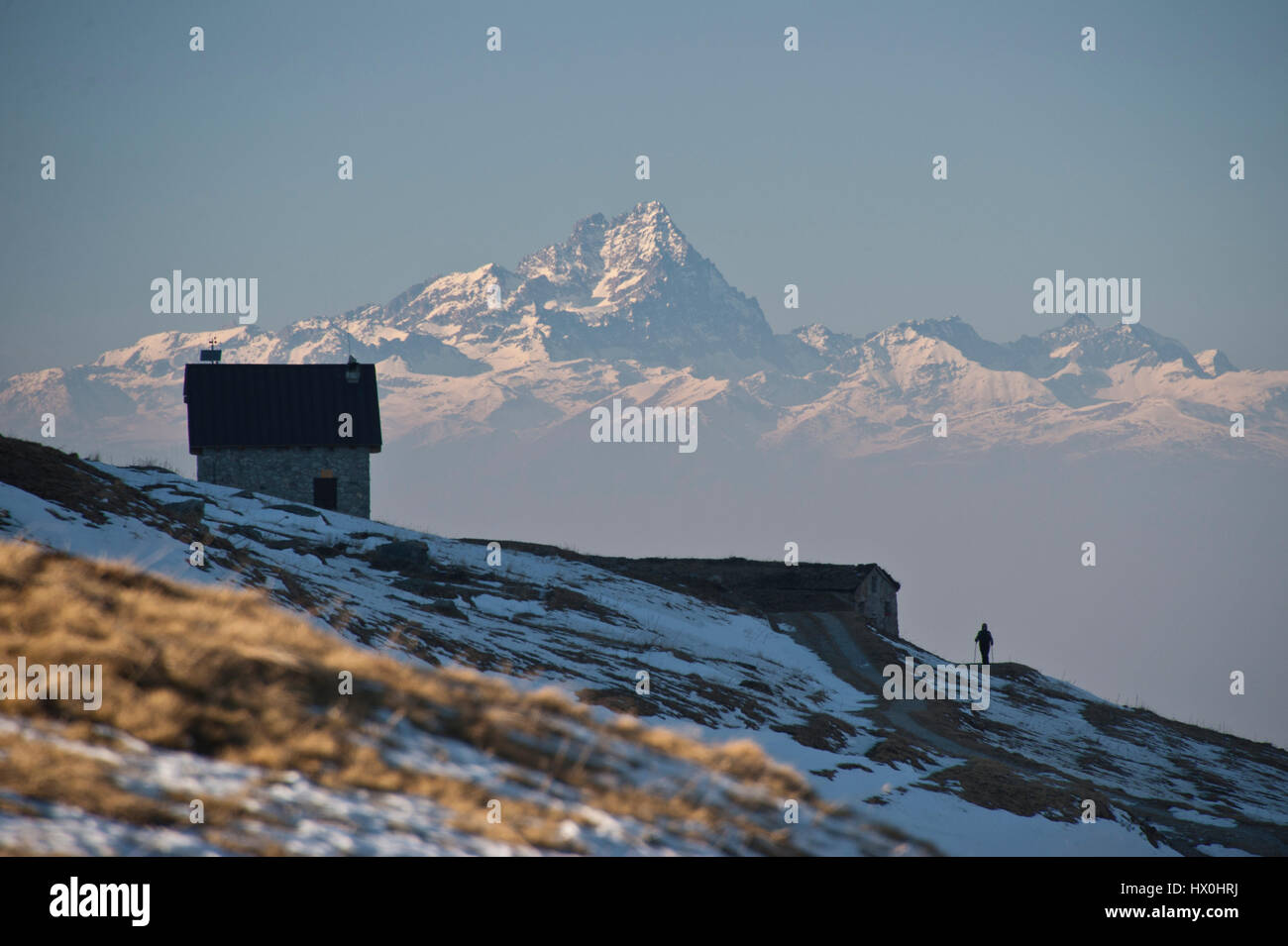 alpine landscape: a chalet and the monviso in the cottian alps Stock ...