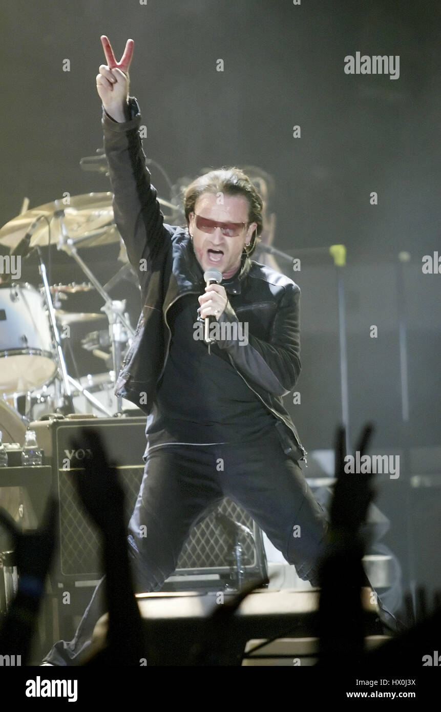 Lead singer of U2, Bono, in concert in San Diego, CA on March 28 2005 ...