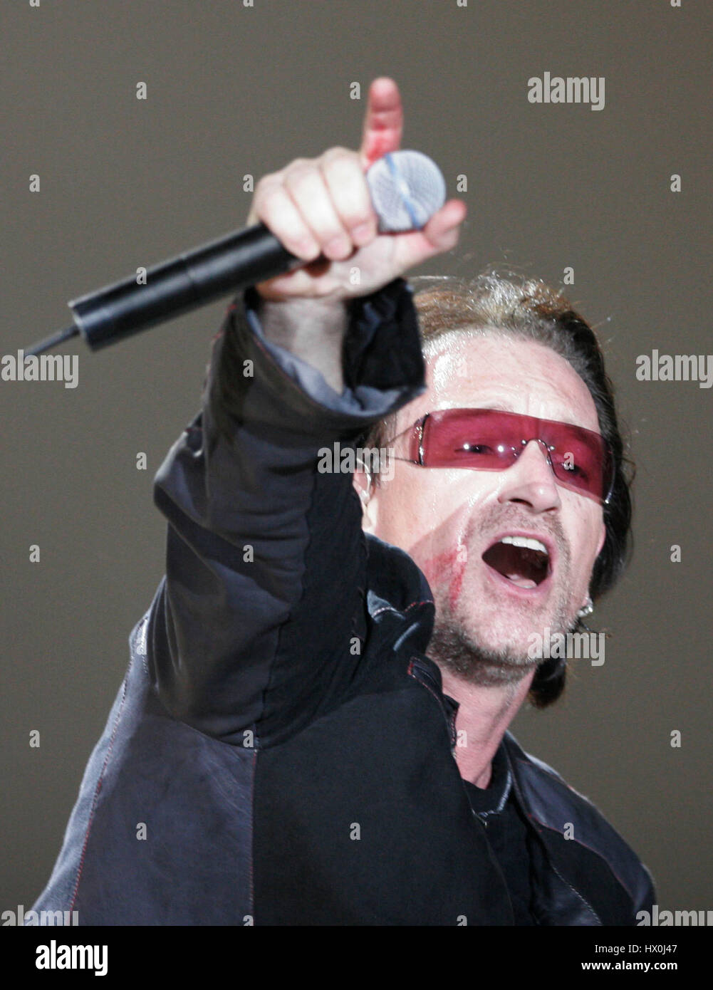 Lead singer of U2, Bono, performs at their opening concert in San Diego ...