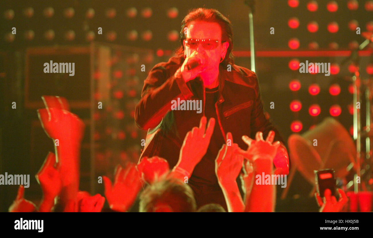 Lead singer of U2, Bono, in concert in San Diego, CA on March 28 2005 ...