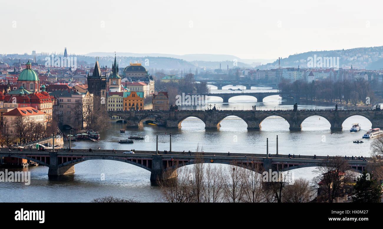 View of the most important bridges in Prague: Charles bridge, Palace ...