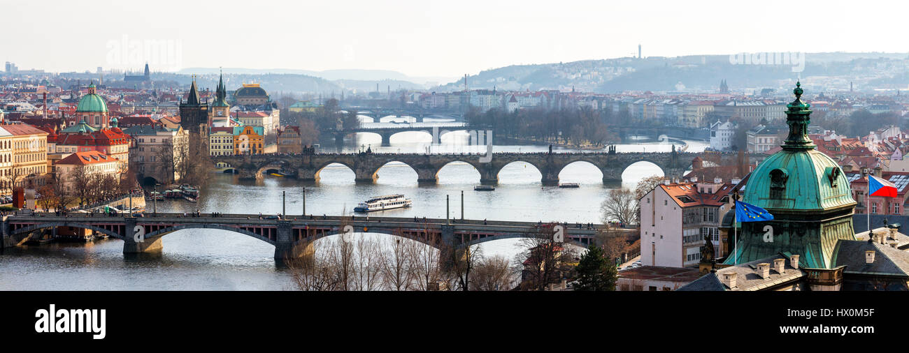 View of the most important bridges in Prague: Charles bridge, Palace ...