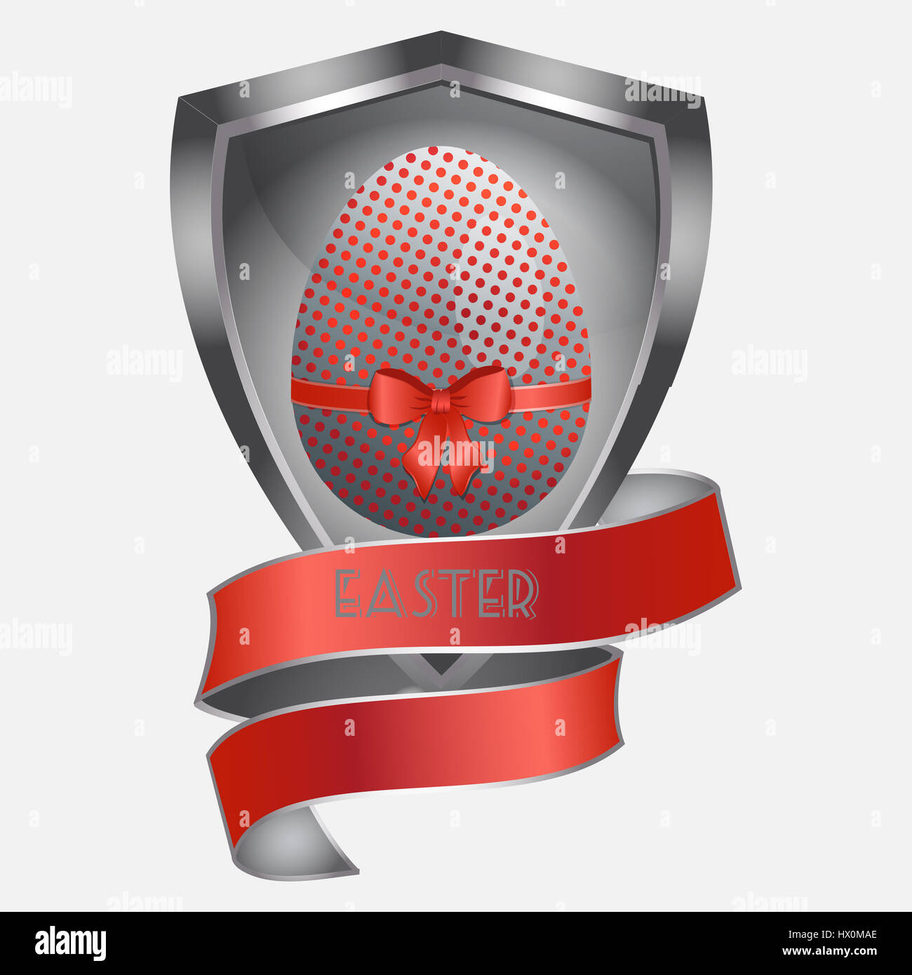 Red Metallic and Decorated Easter Egg Over Metallic Shield with Red ...