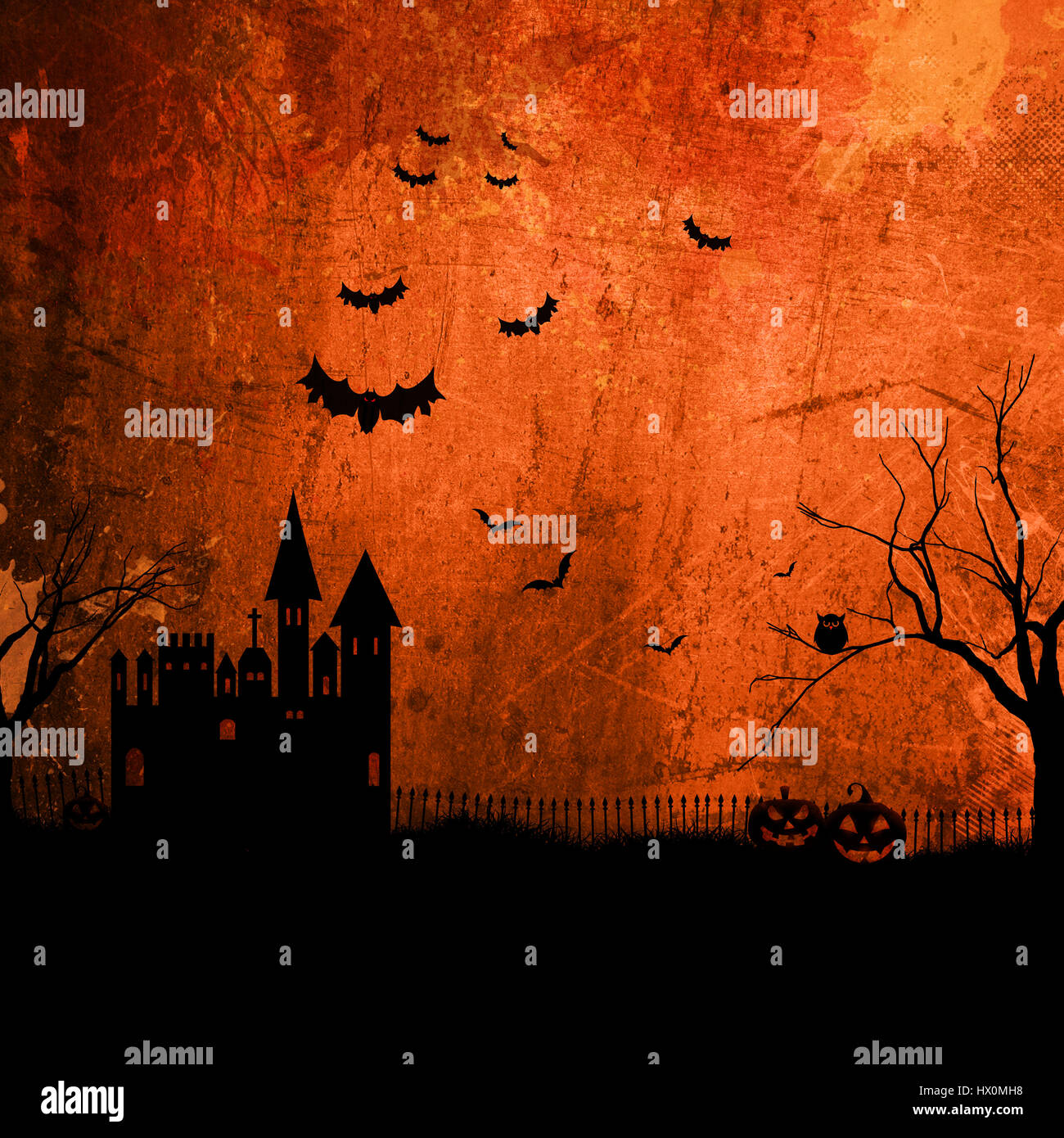Detailed orange grunge Halloween background with haunted house Stock ...