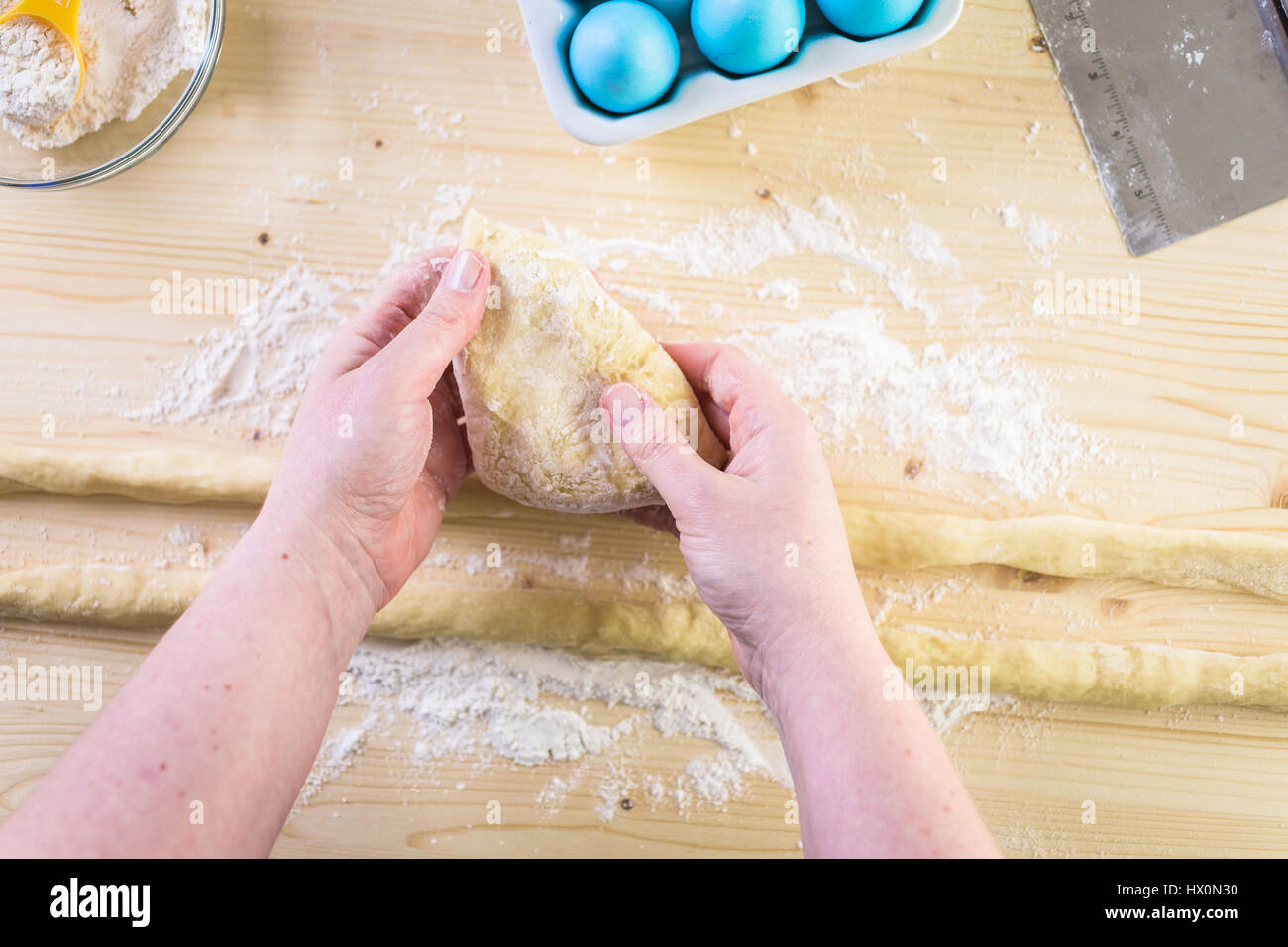 Step by step. Baking home made Italian Easter bread with organic blue ...