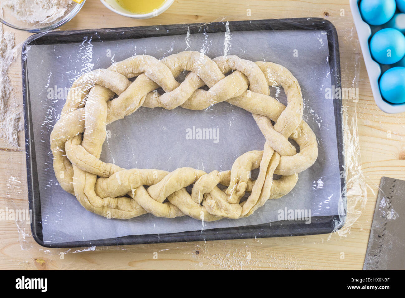 Step by step. Baking home made Italian Easter bread with organic blue ...