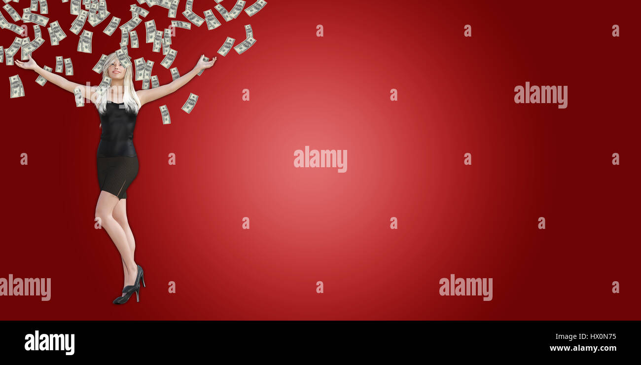 Woman Catching Money Falling From the Sky in US Dollars Stock Photo - Alamy