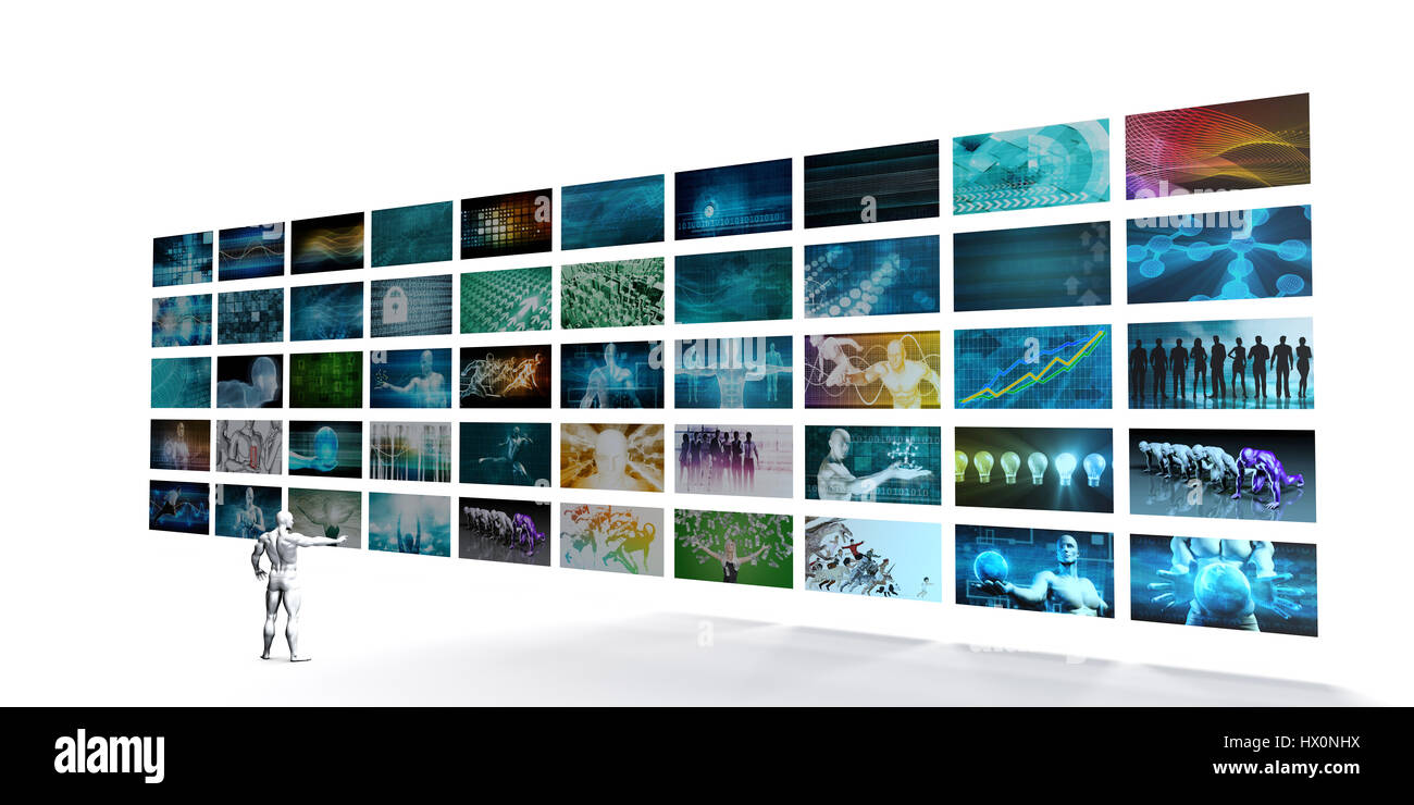 Video Screens Wall with Man Pointing at a Screen Stock Photo - Alamy