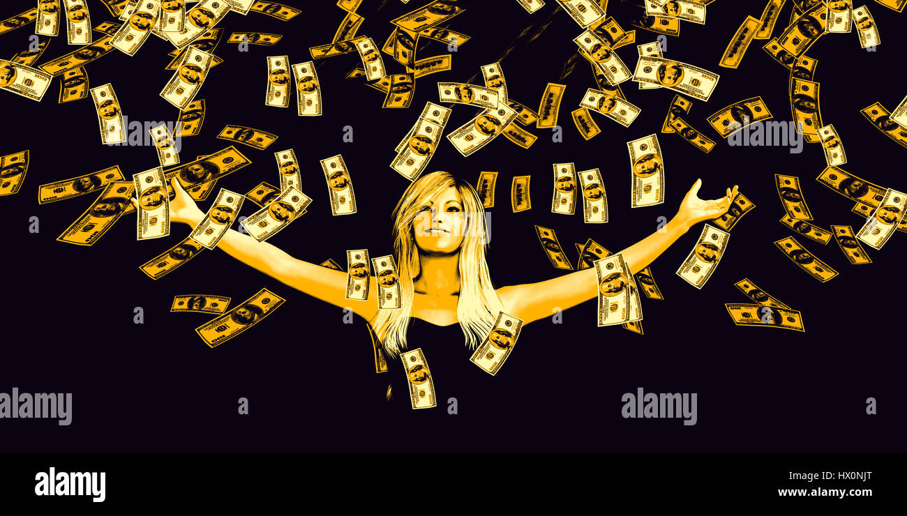 Woman Catching Money Falling From the Sky in US Dollars Stock Photo - Alamy