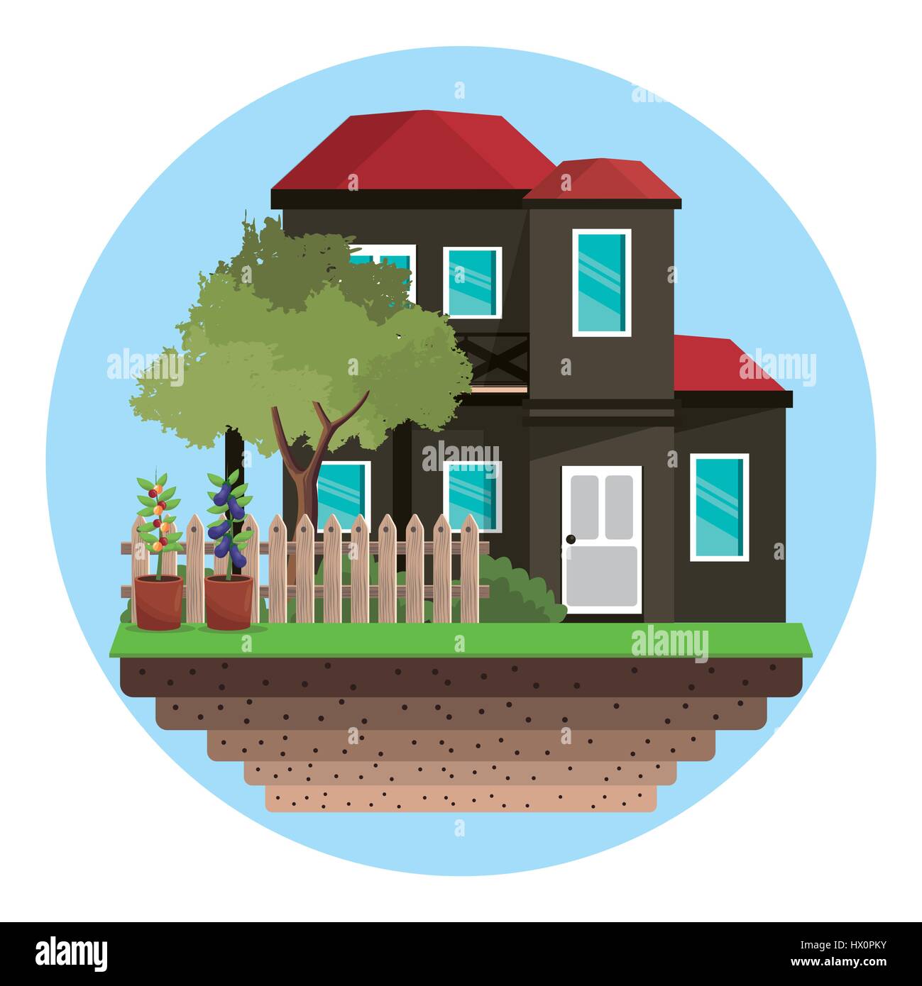 house with fence tree garden Stock Vector Image & Art - Alamy