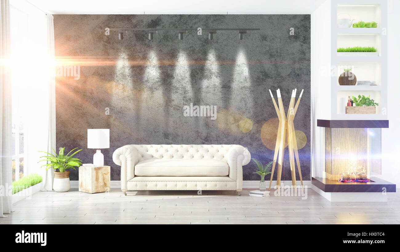 Stylish modern living room interior with flare. 3D rendering Stock ...