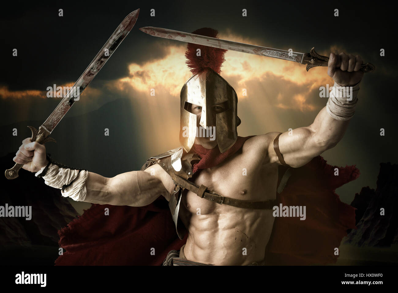 Ancient warrior or Gladiator posing outdoors with helmet Stock Photo ...