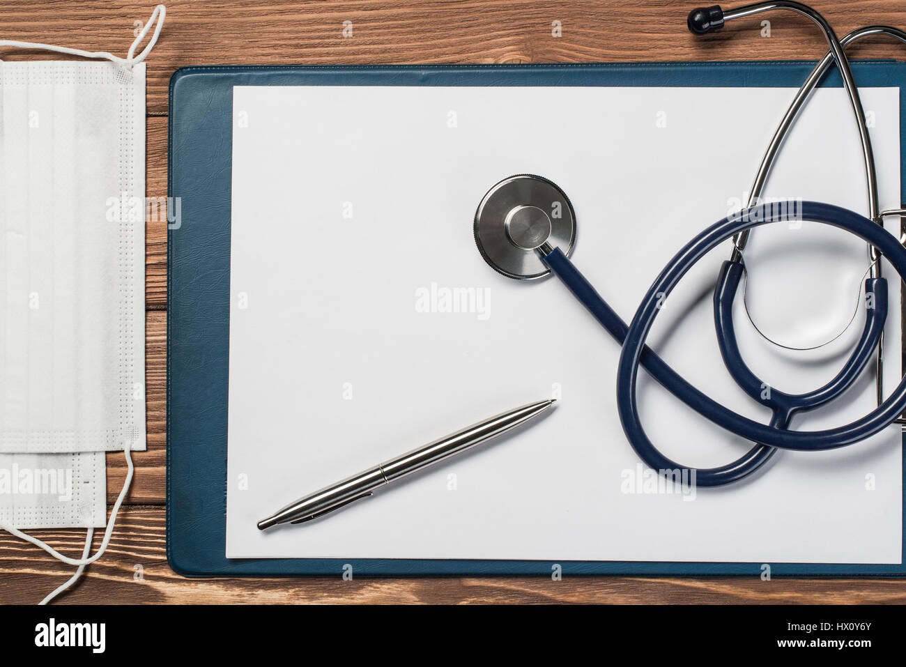 Desk of doctor with medicine things Stock Photo - Alamy