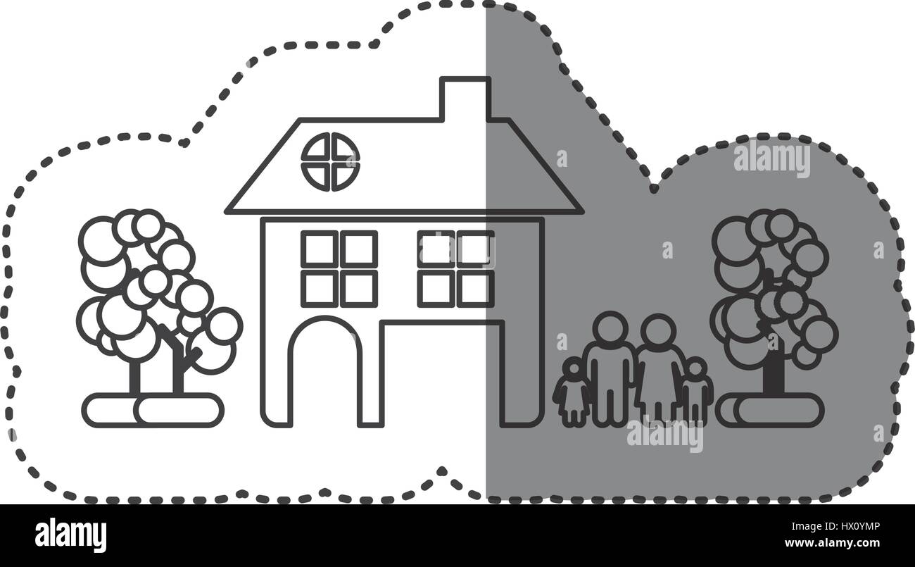 sticker of monochrome contour of family away from home in white ...