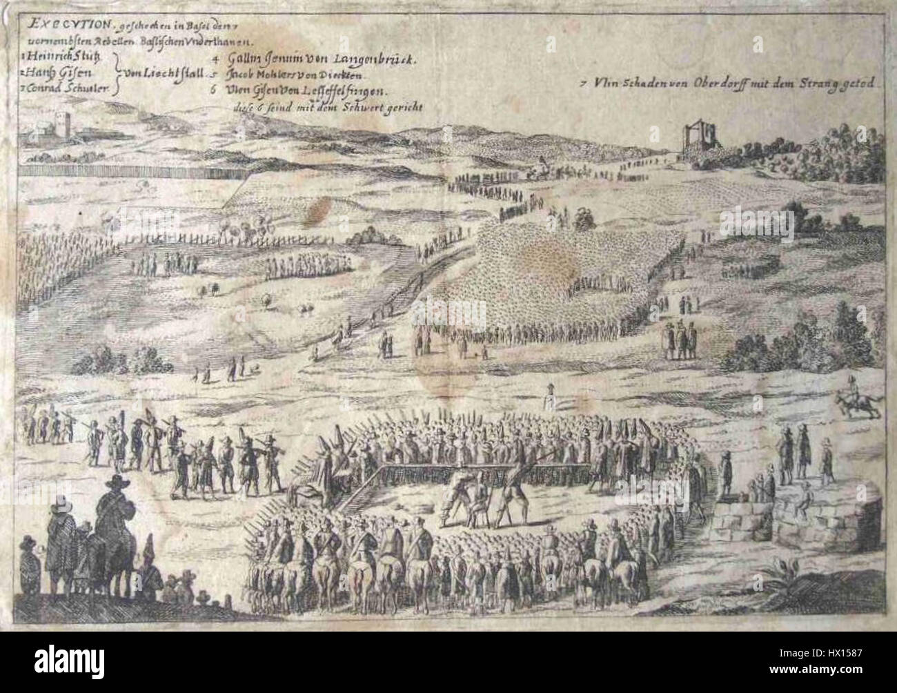 This historical scene from 1653 depicts public executions in Basel, a ...