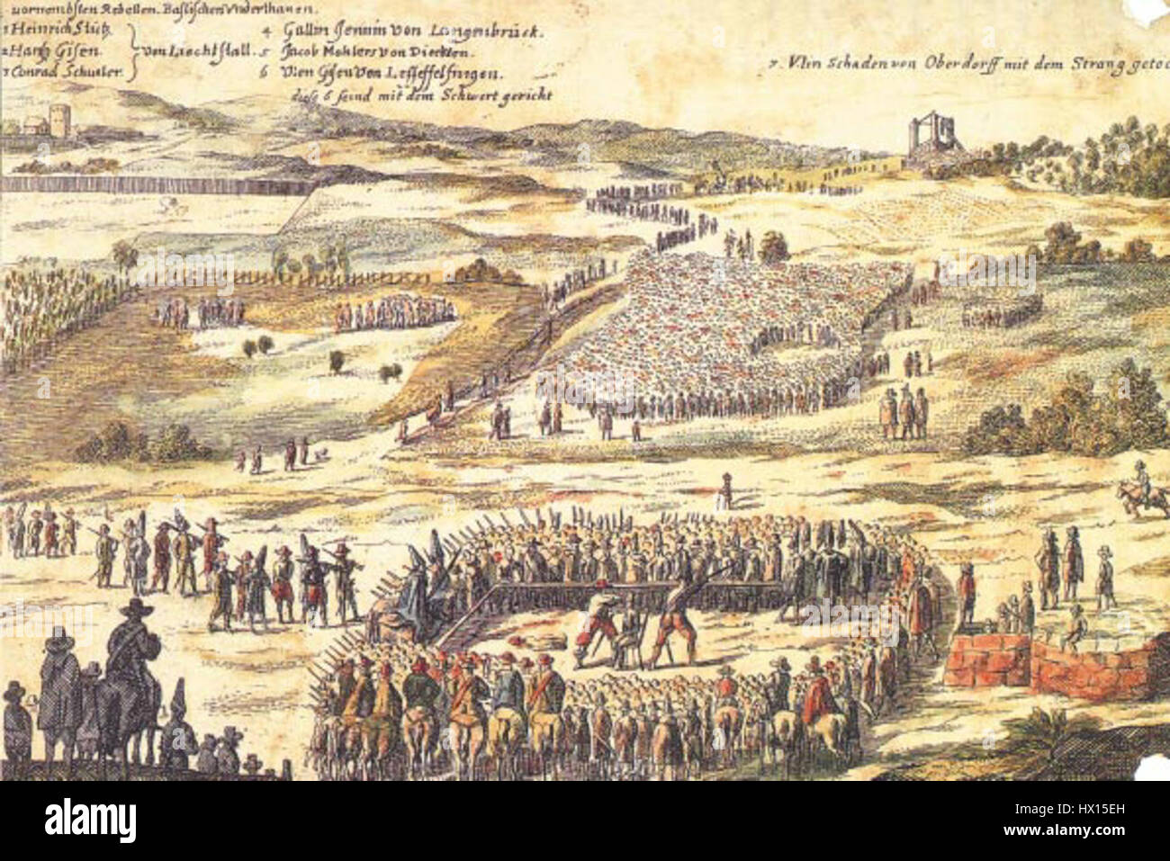 This colored illustration depicts the executions in Basel in 1653 ...