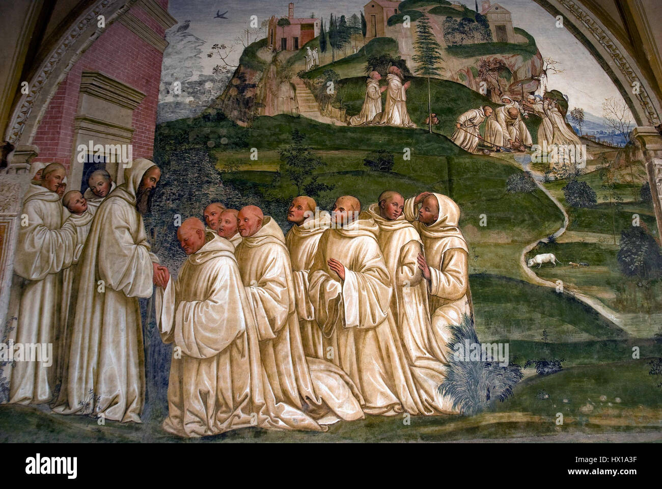 This artwork depicts a religious scene where a blessed figure, prayed ...