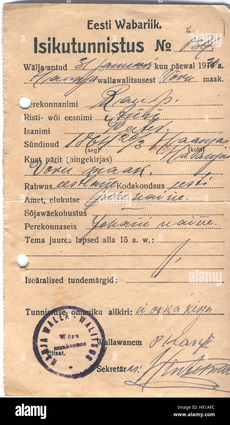 The 'Eesti Vabariigi isikutunnistus' (Estonian Republic identity card ...