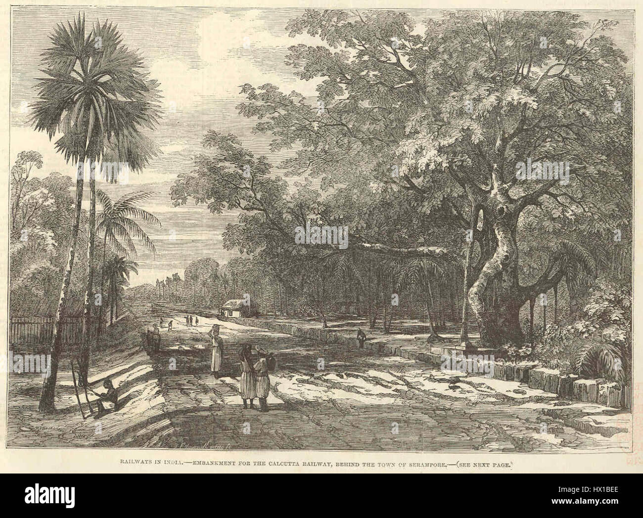 This 19th-century image depicts the construction of the embankment for ...