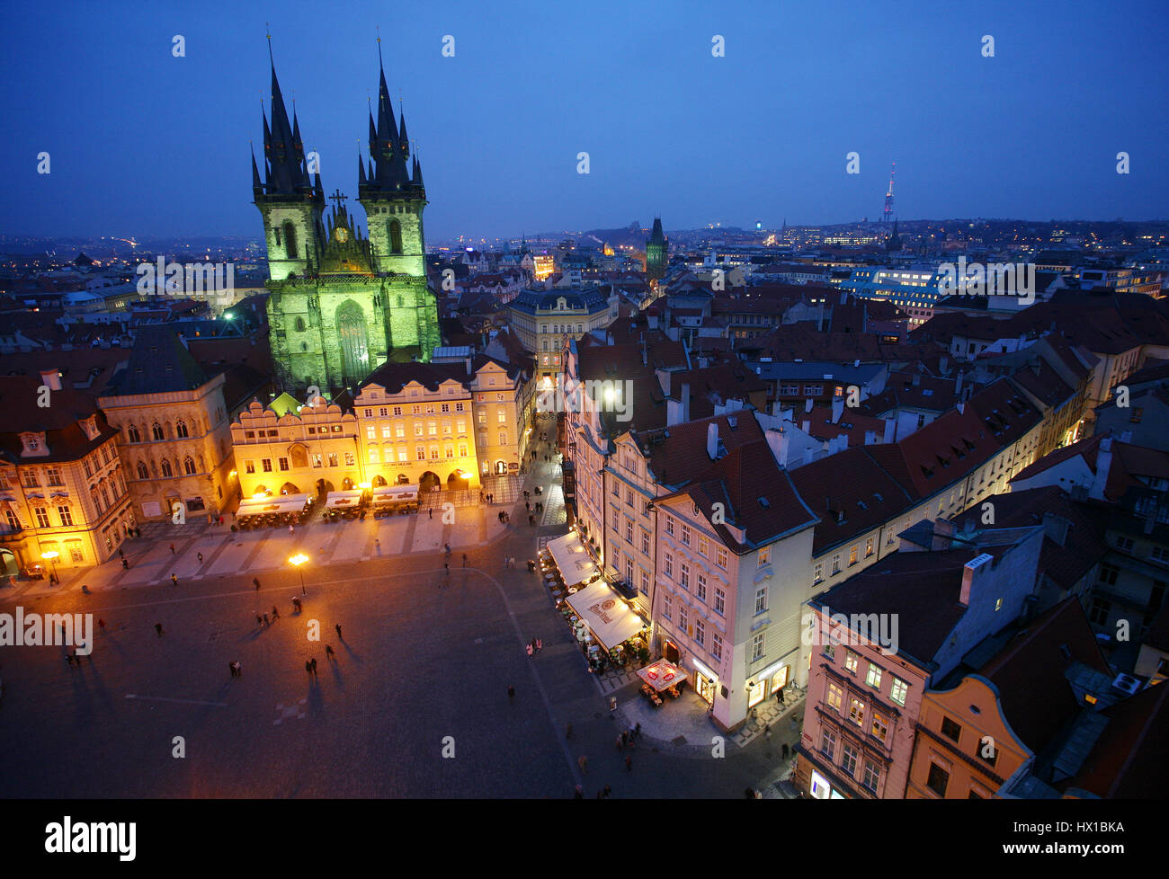 Czechia, Prague, Old Town Square and illuminated Church of Our Lady ...