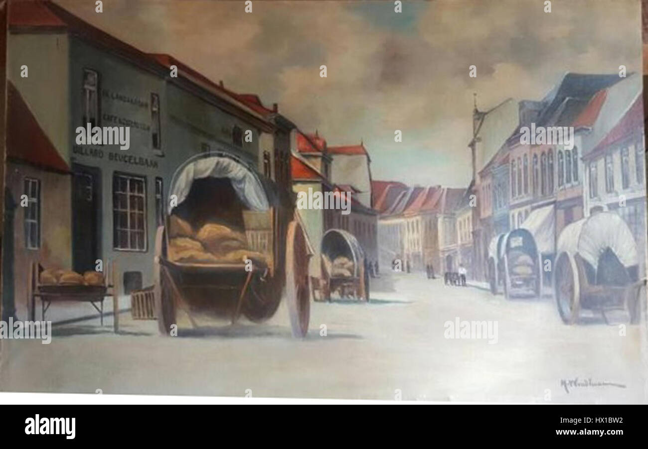 This print depicts the historic De Vleesstraat in Venlo, a city known ...