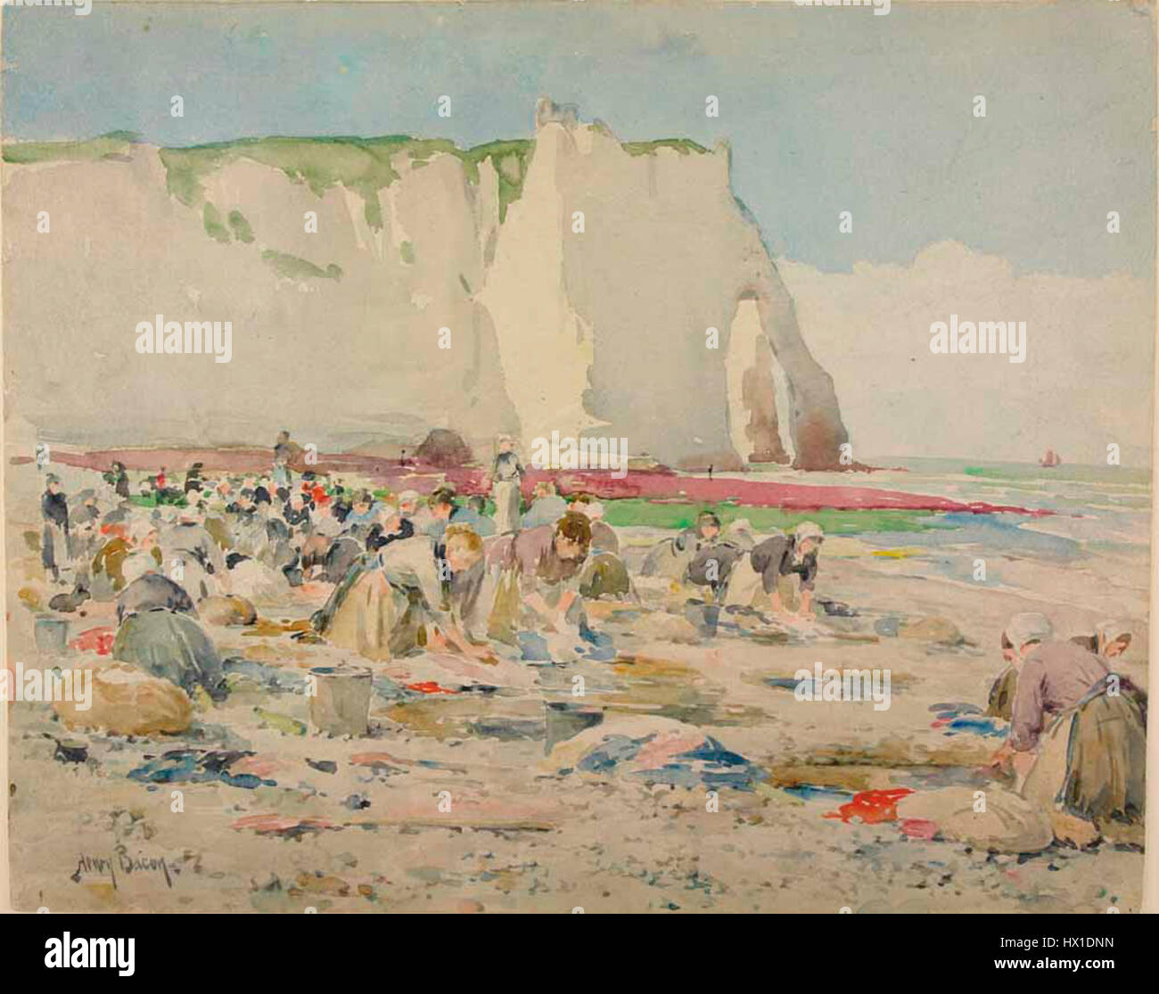 This painting depicts clam gatherers working along the coast of Etretat ...