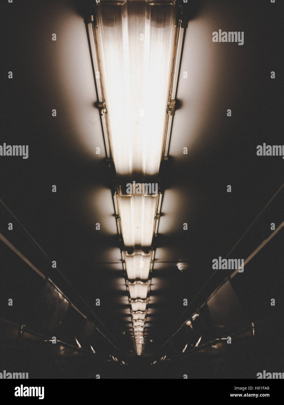 Row of lamps inside the old subway train Stock Photo - Alamy