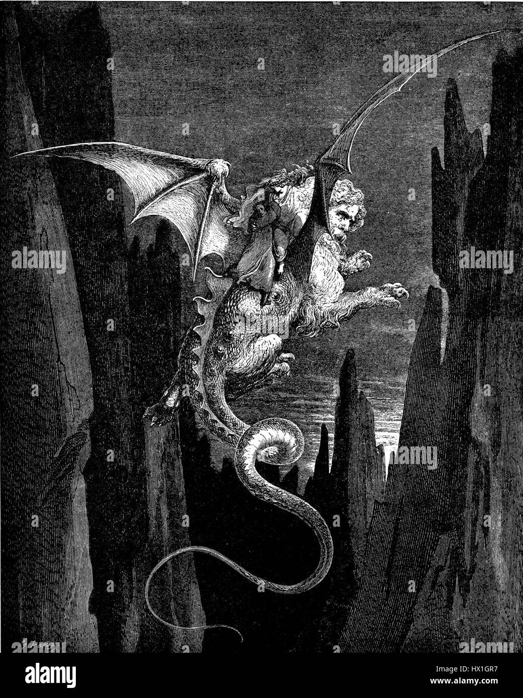 'DVinfernoIntoAbyssOnGeryonsBack' is an artwork inspired by Dante’s ...