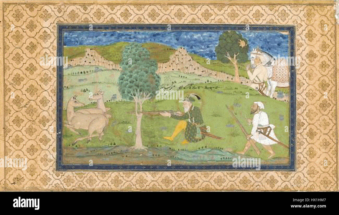 This artwork depicts the Mughal Emperor Aurangzeb hunting deer, a ...