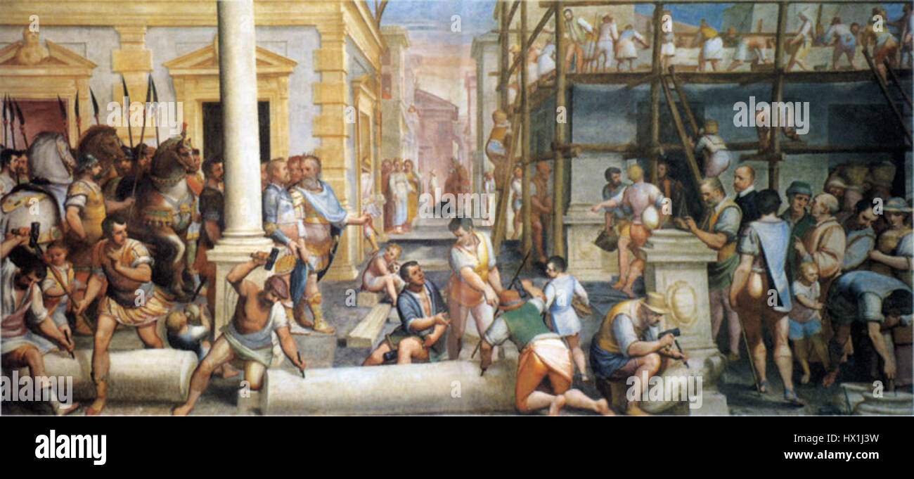 This artwork depicts the construction of the Genoese warehouse in ...