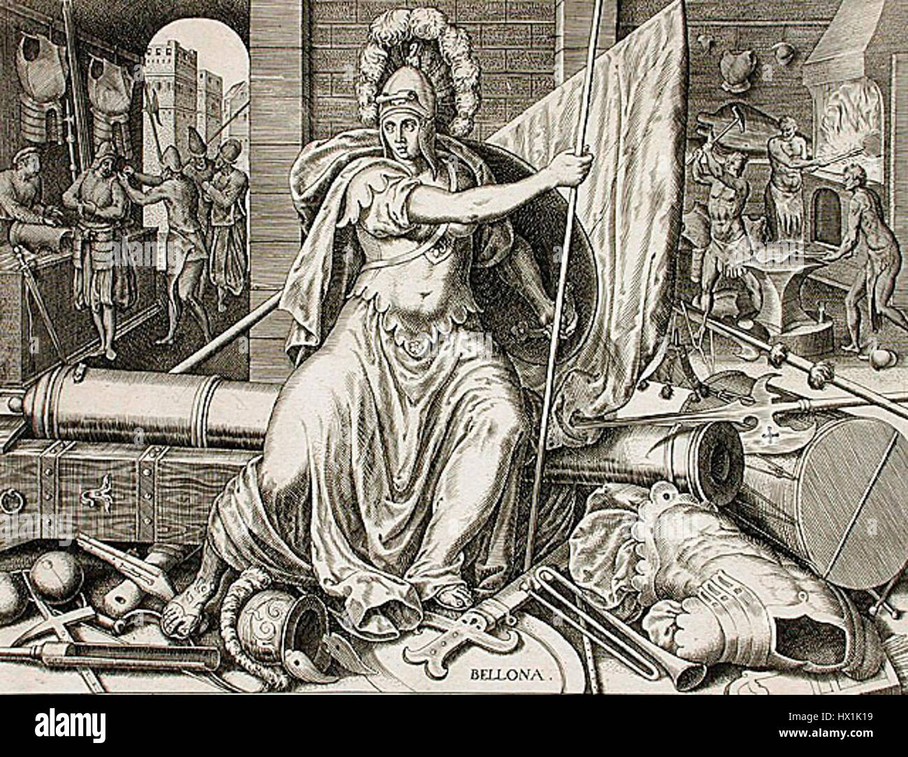 The artwork 'Bellona Artificer' by Galle depicts the Roman goddess of ...