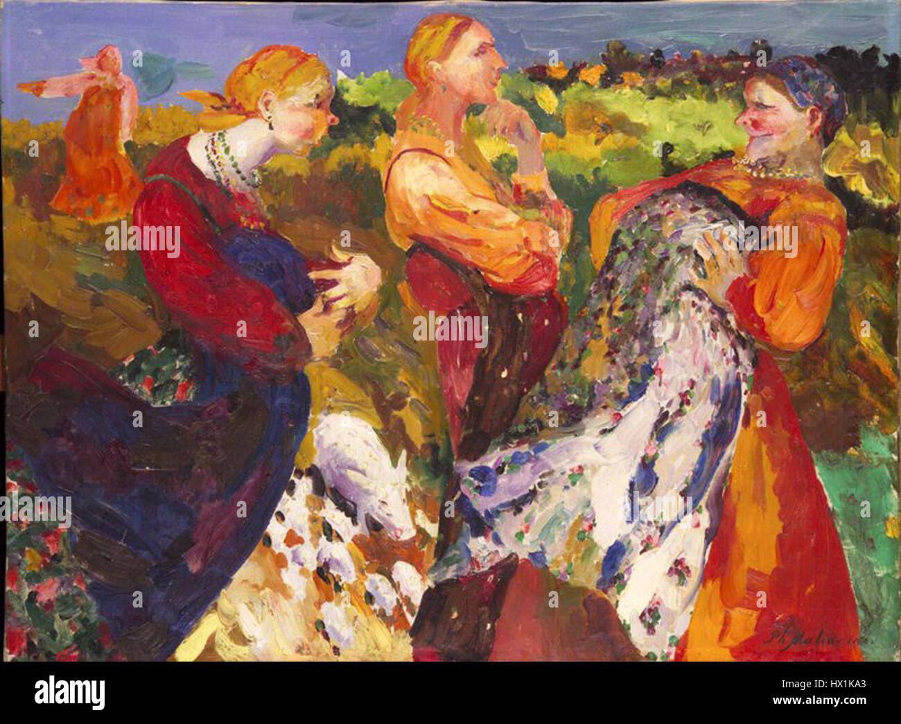 F. Malyavin's 'Gossips' depicts a group of women engaged in ...