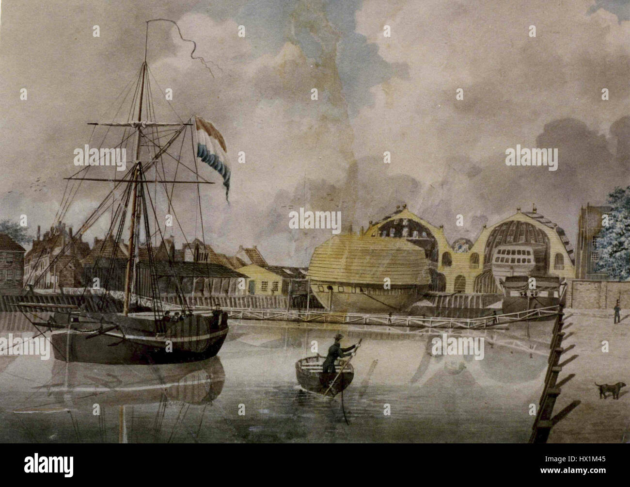 A historical representation of the large caps or roofs of a shipyard in ...