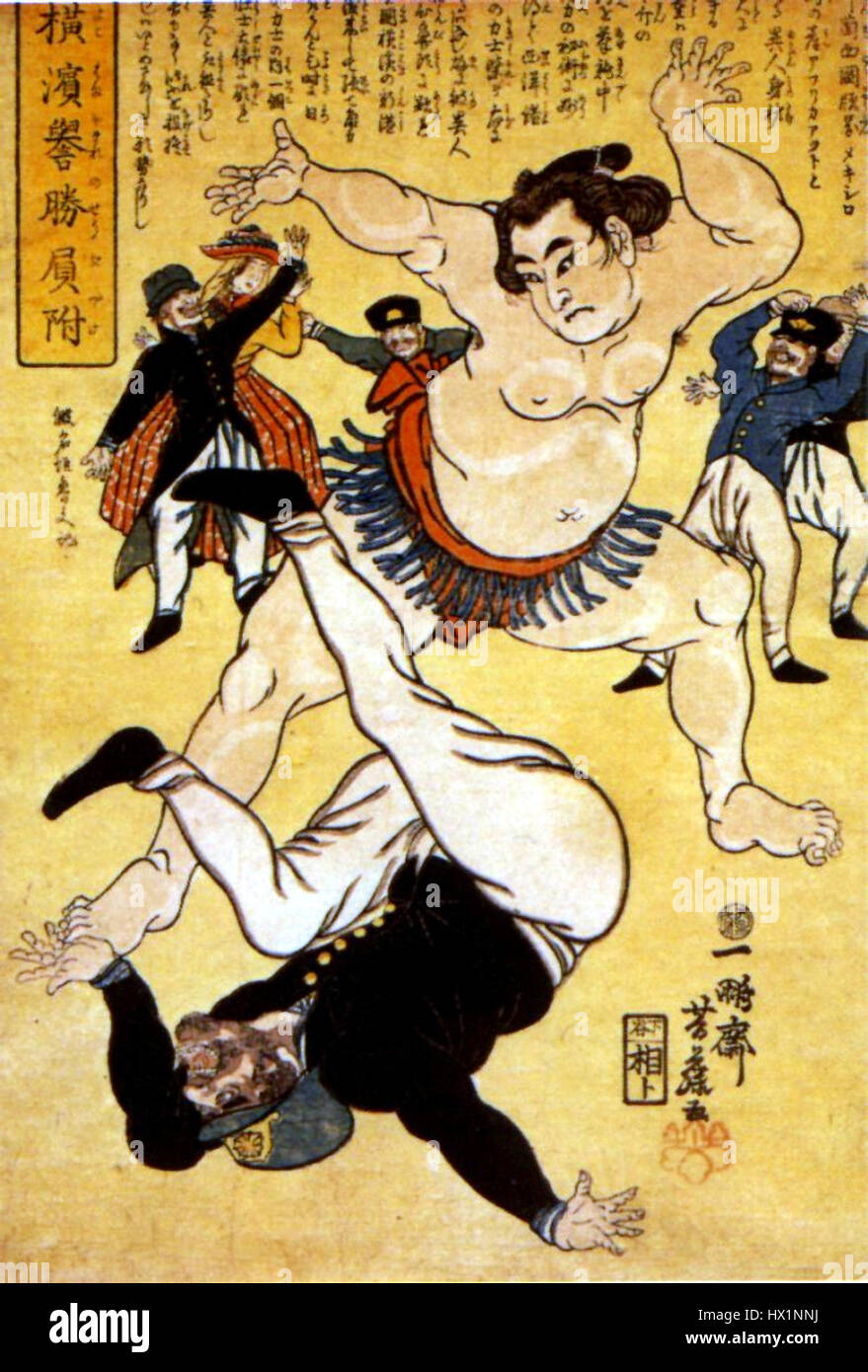 'Foreigner and Wrestler at Yokohama' is an 1861 painting depicting a ...